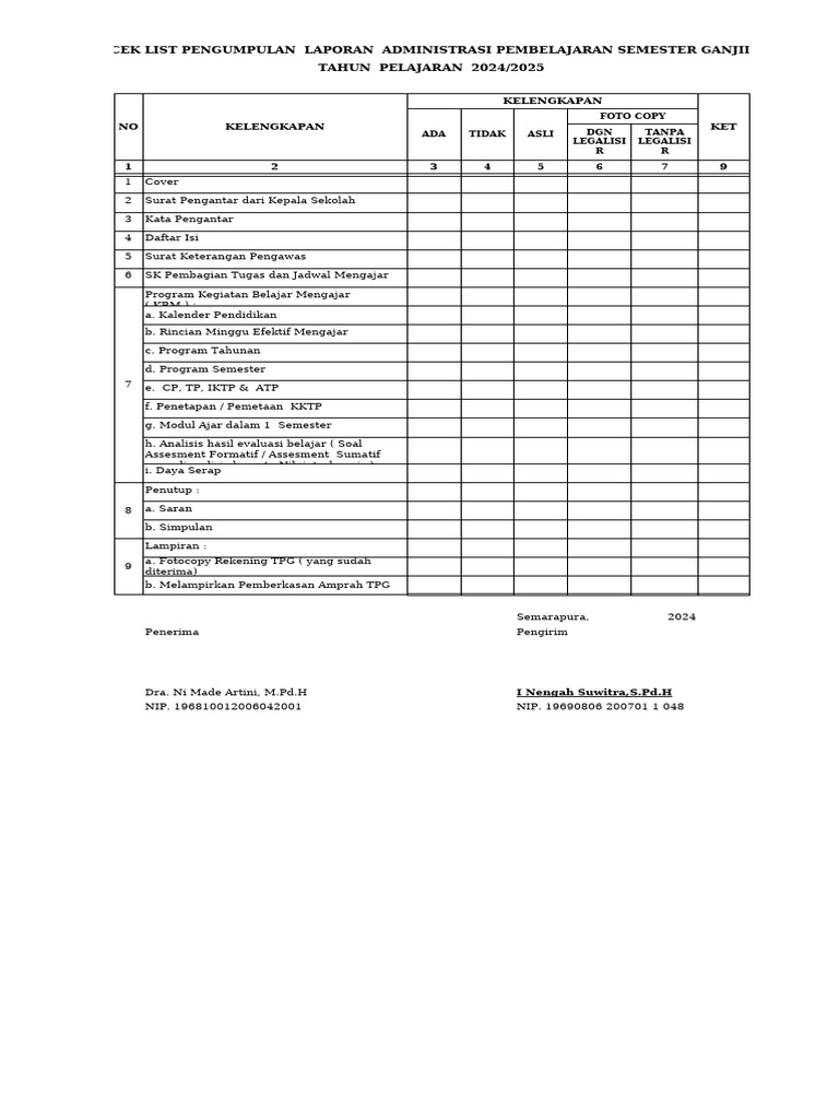 Cek List Laporan ADM Ganjil 2024 | PDF