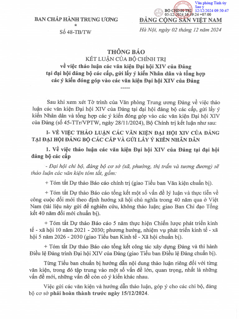48-THONG-BAO-KET-LUAN-CUA-BO-CHINH-TRI-VE-THAO-LUAN-CAC-VAN-KIEN-DAI-HOI-XIV (1) | PDF
