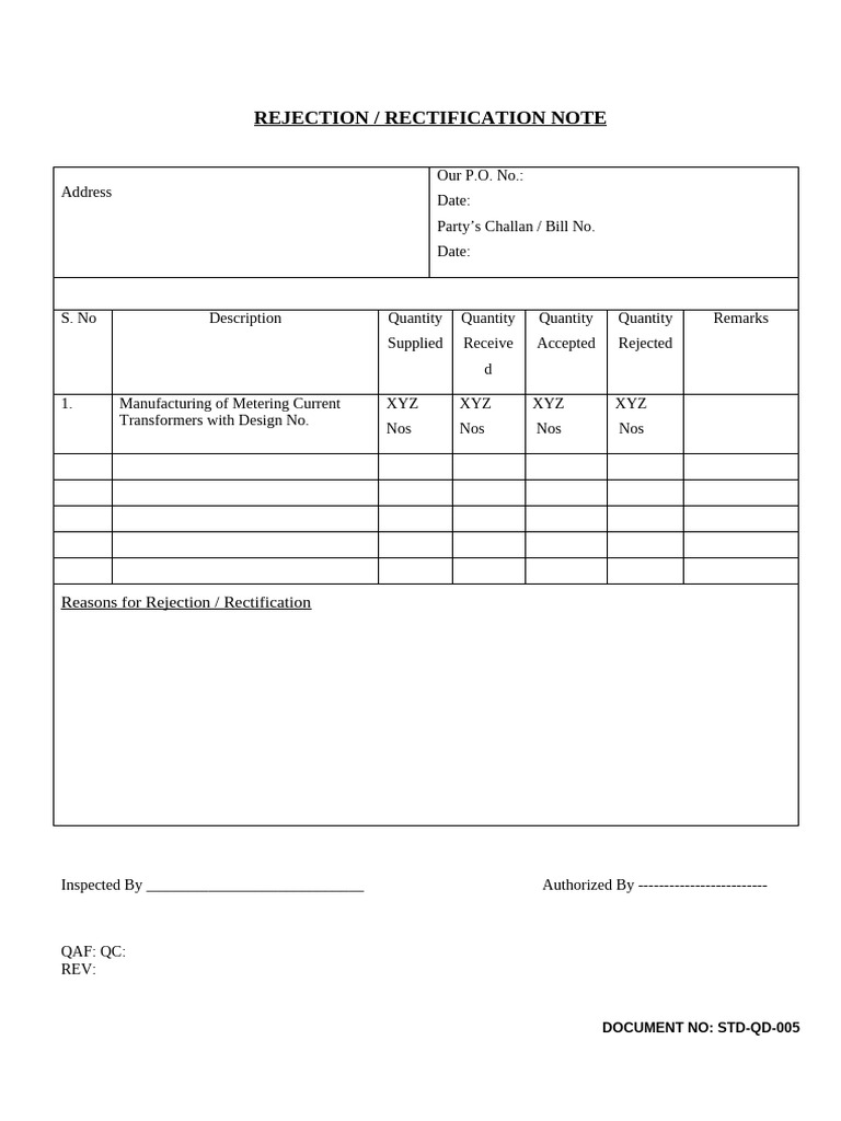 Rejection Rectification Note Template | PDF