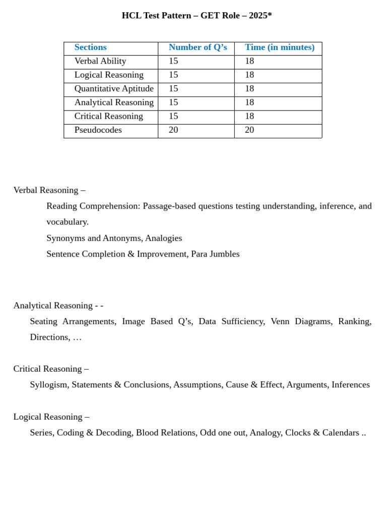 HCL 2025 GET Role Test Pattern Guide | PDF | Reason
