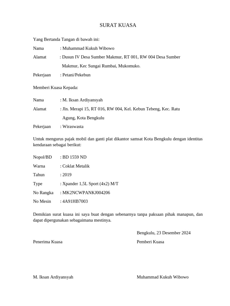 Surat Kuasa Buat Ganti Plat | PDF