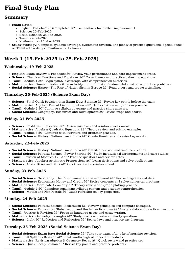 Final Study Plan 20250218 145742 | PDF | Mathematics | Algebra