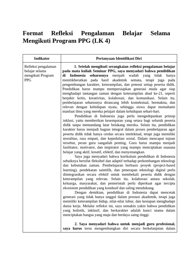 LK4-Format Refleksi Pengalaman Belajar Selama Mengikuti Program PPG | PDF