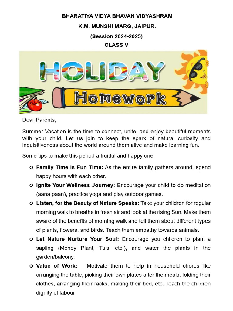 Holiday Homework - Class V-1 | PDF | Subtraction | Division (Mathematics)