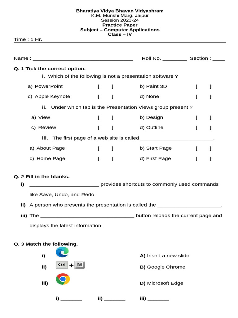 Practice Q Paper Term - II Class IV | PDF | Software | Computing
