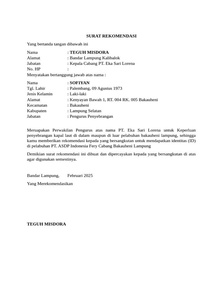 SURAT REKOMENDASI PT. Eka Sari Lorena | PDF