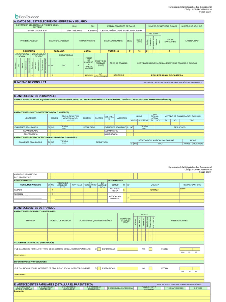 For PRC GTH 09 10 Historia Medica Ocupacional | PDF