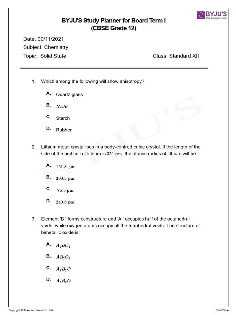 CBSE Class 12 Chemistry Solid State Practice Questions | PDF | Crystal Structure | Ion