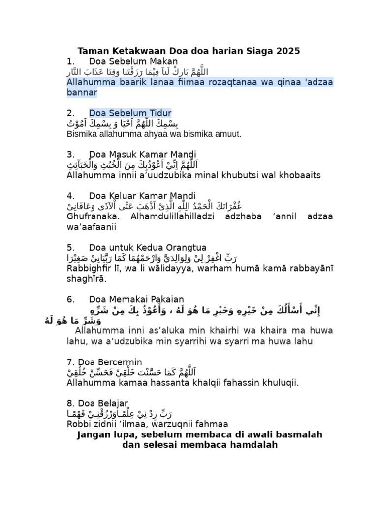 Doa Doa Harian Siaga 2025 Fix 1 | PDF