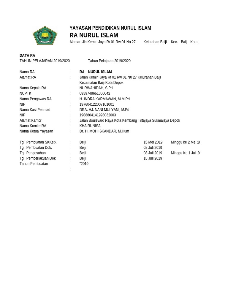1.1.c. PANDUAN & CONTOH DOK. KTSP RA TH 2019-2020 oke | PDF