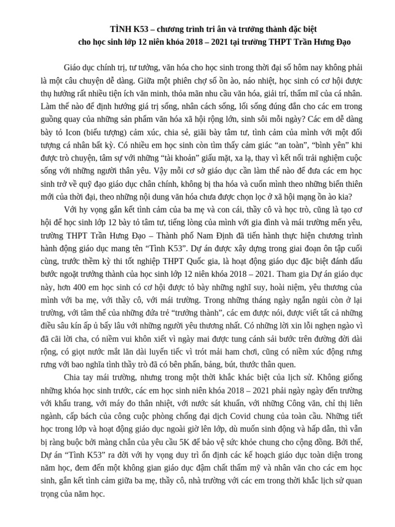 Bài viết giới thiệu hoạt động Tri ân và trưởng thành K53 - THĐ | PDF