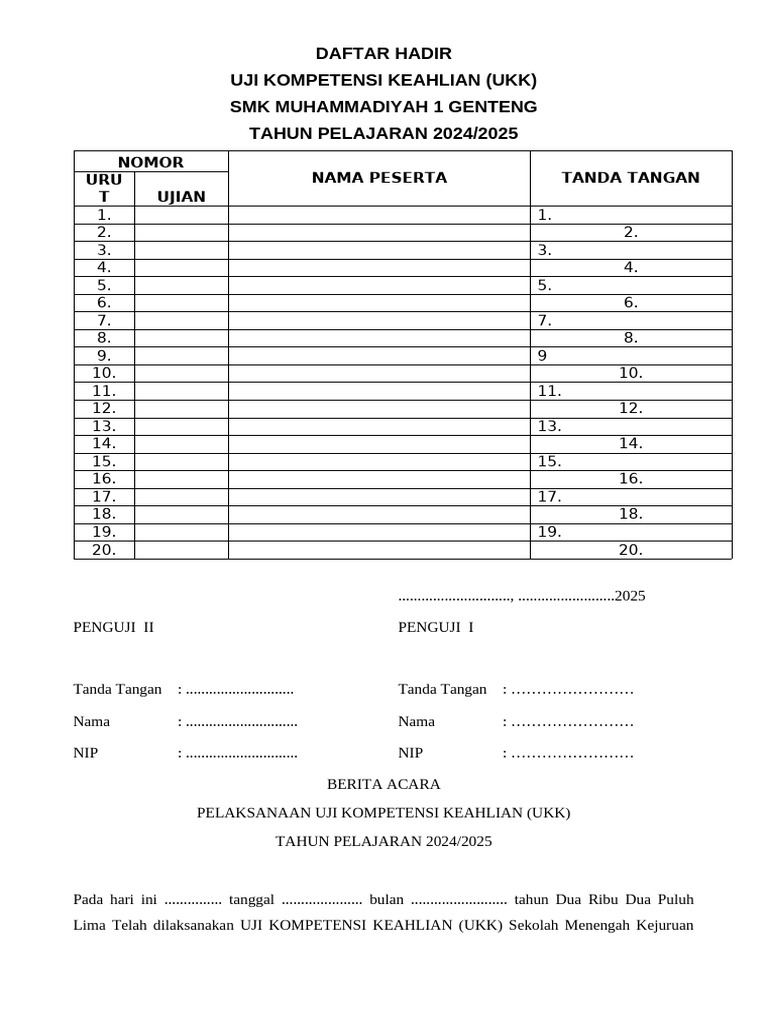 Berita acara dan daftar hadir UKK | PDF