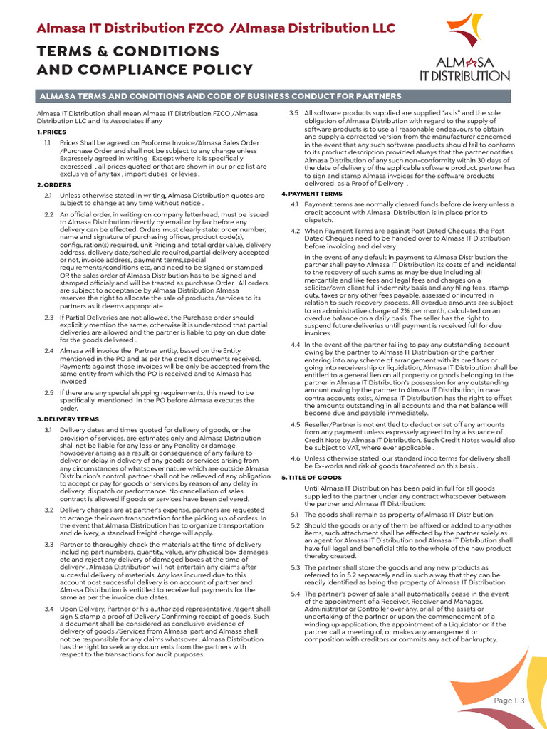 Almasa IT Distribution Terms & Conditions | PDF | Payments | Legal ...