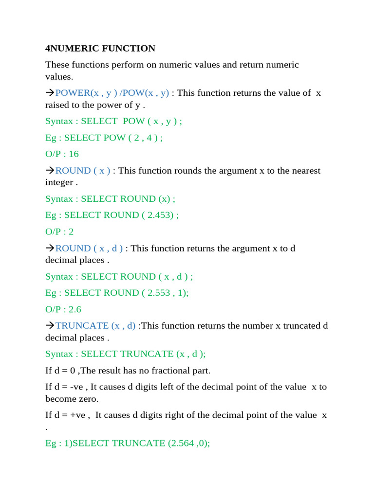 NUMERIC FUNCTION | PDF
