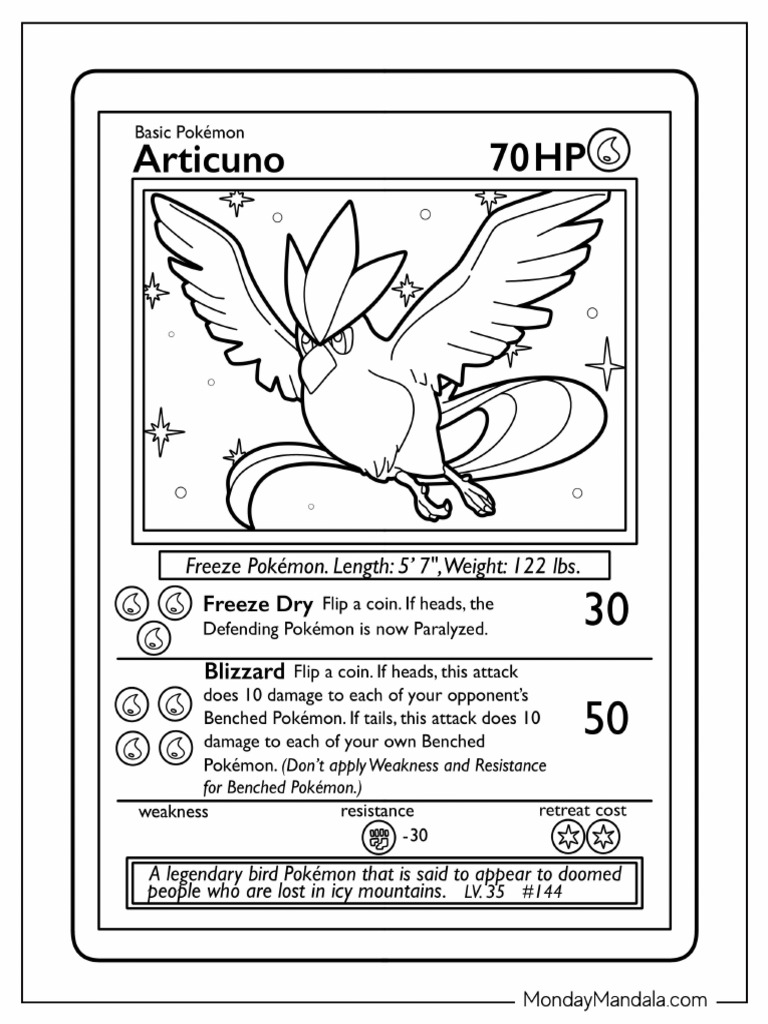 Articuno Freeze Dry Pokemon Card Coloring Page | PDF