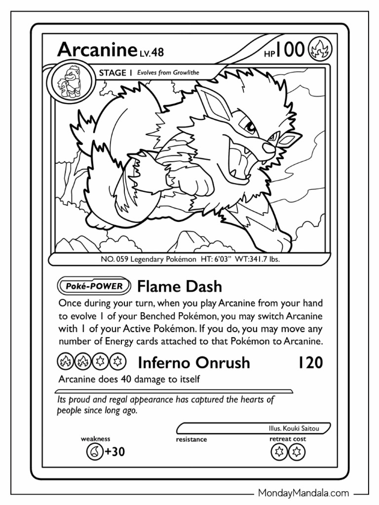 Arcanine Flame Dash Pokemon Card Coloring Page | PDF