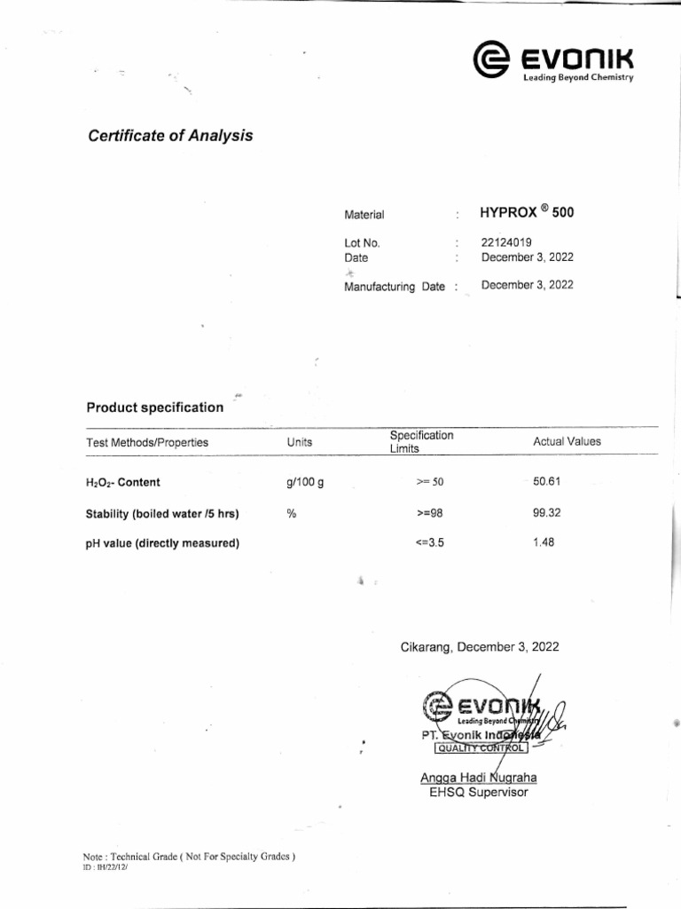 COA Hydrogen Peroxide 50% 22124019 | PDF
