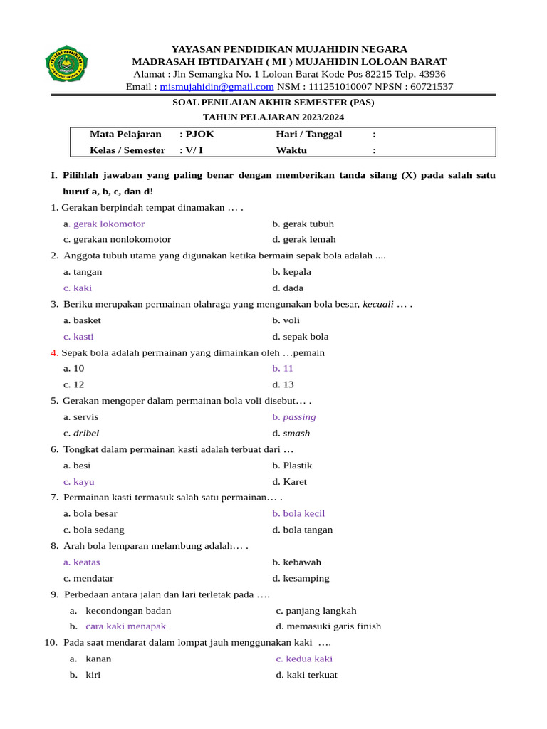 Soal Pjok Kelas 5 Mi Mujahidin | PDF