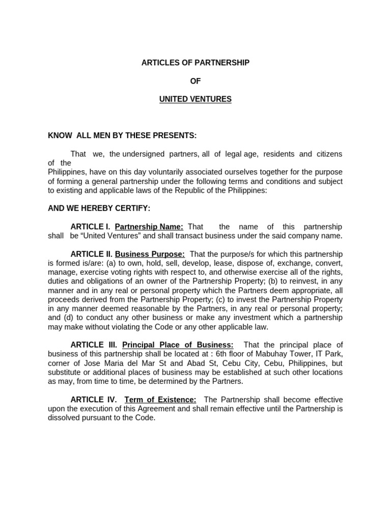 Articles of Partnership For General Partnerships | PDF | Partnership ...