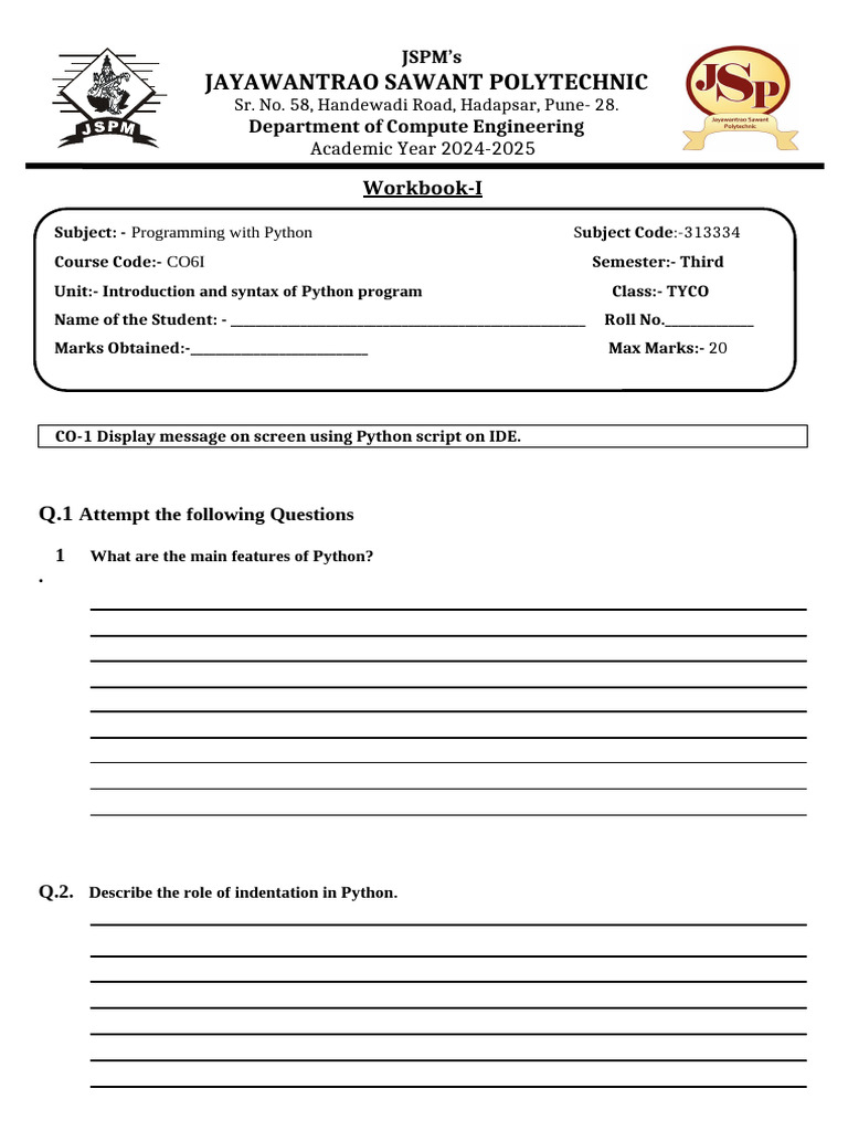 Python Programming Workbook 2024-2025 | PDF