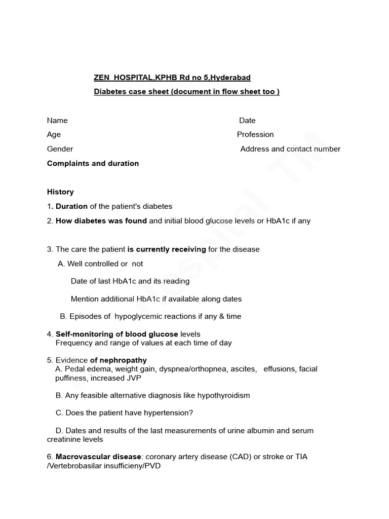 DIABETES CASE SHEET, PROFORMA 2.8.17.odt | PDF | Glycated Hemoglobin ...