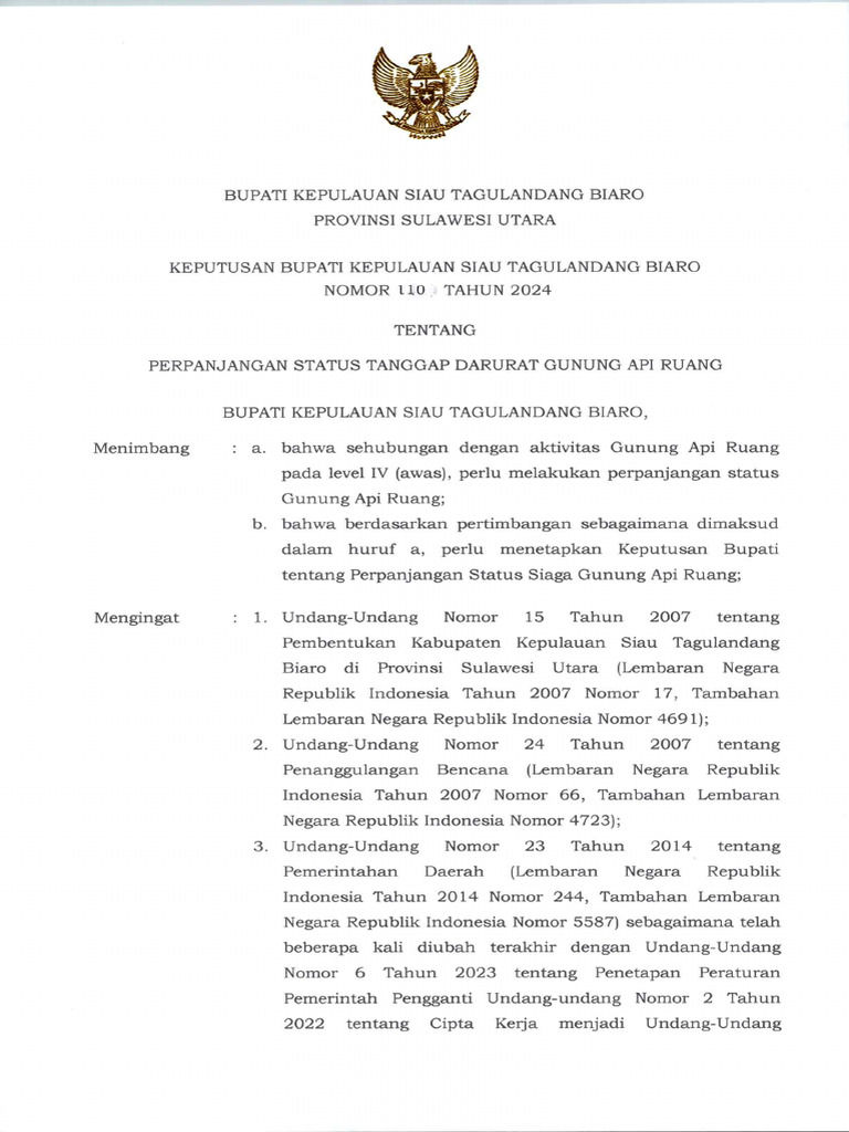 SK Bupati No 110 THN 2024 TTG Perpanjangan Status Tanggap Darurat Gunungb Api Ruang | PDF