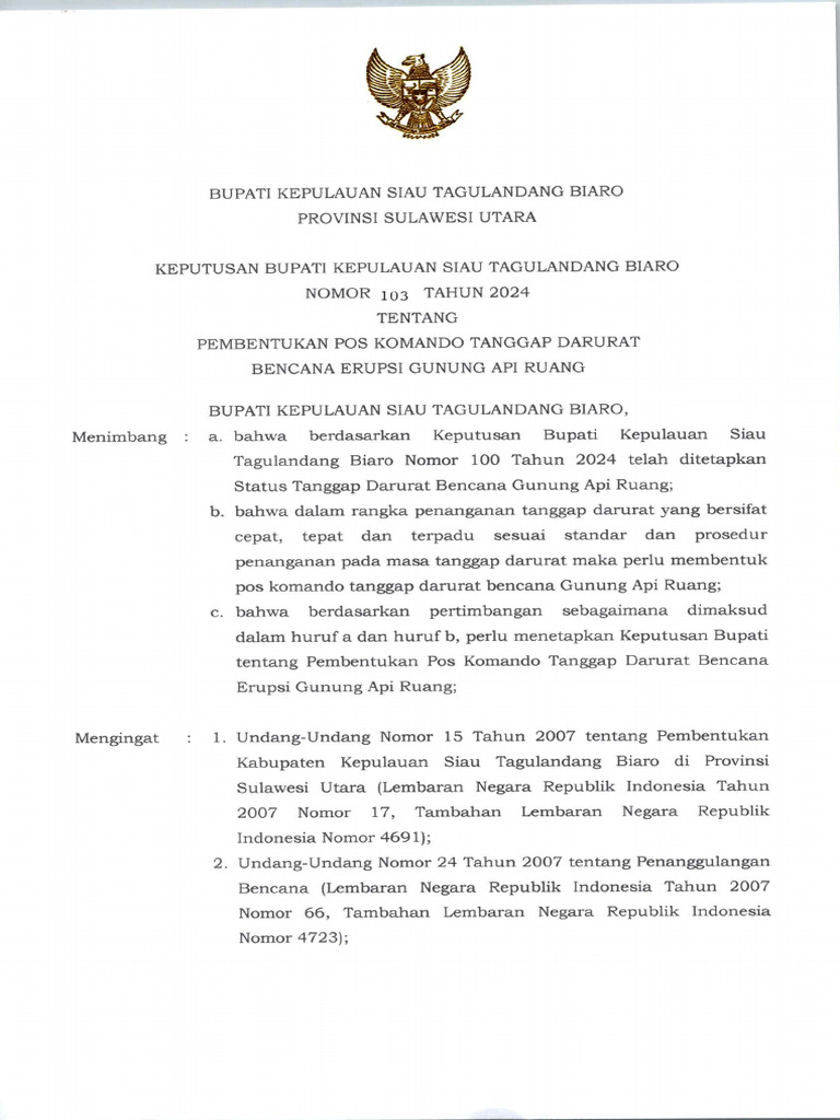 SK Bupati No 103 THN 2024 TTG Pembentukan Pos Komando Tanggap Darurat Bencana | PDF
