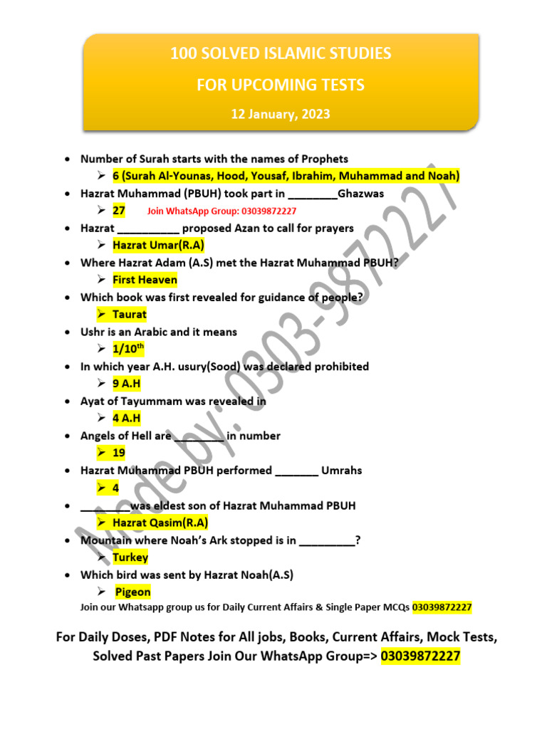 Daily Dose 100 Important Solved Islamiat 9 Jan 2023 | PDF | Muhammad | Abrahamic Religions