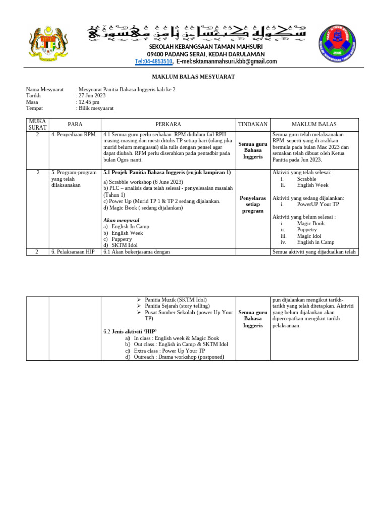 BORANG MAKLUM BALAS MESYUARAT Panitia BI Kali Ke 2 2023 | PDF