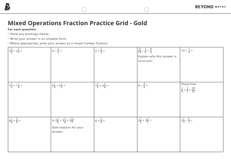 Fractions Practice Grids - All Four Operations - Gold | PDF