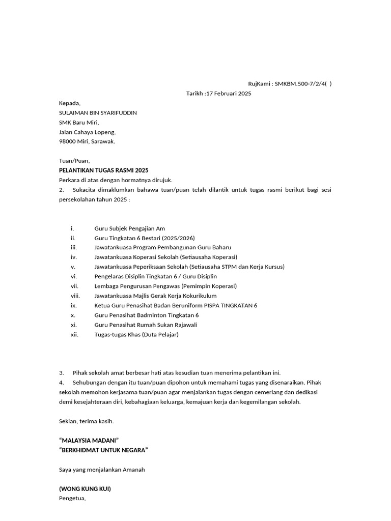 SURAT LANTIKAN TUGAS RASMI | PDF