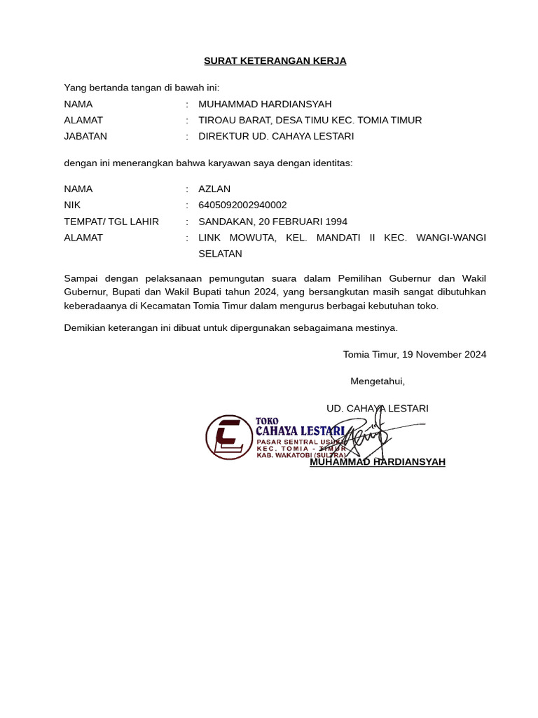 Surat Keterangan Kerja Azlan | PDF