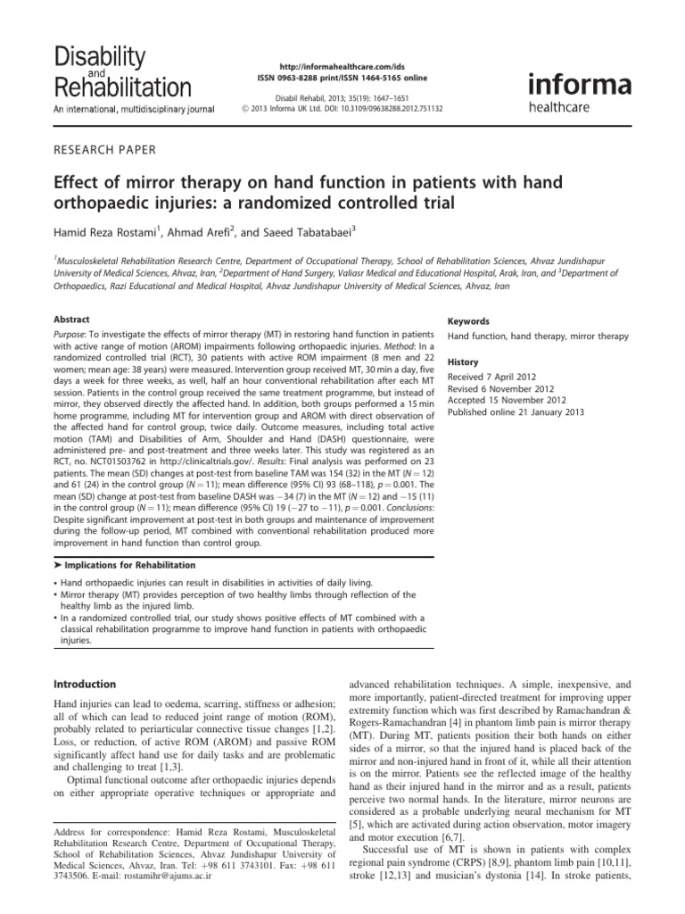 Effect of Mirror Therapy On Hand Function in Patients | PDF | Hand ...