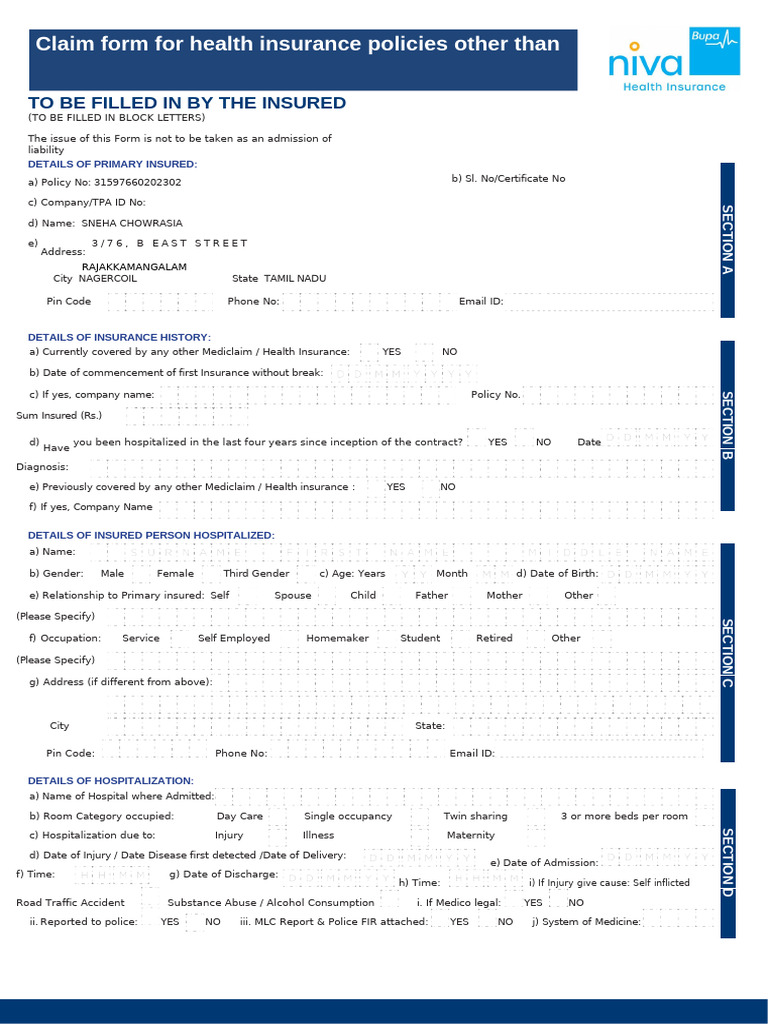 Niva ClaimForm A | PDF | Insurance | Hospital