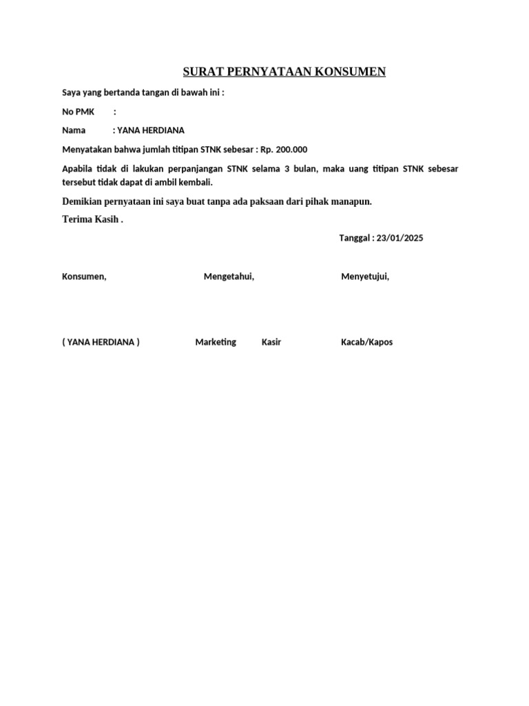 Format Surat Pernyataan Konsumen Titipan STNK | PDF