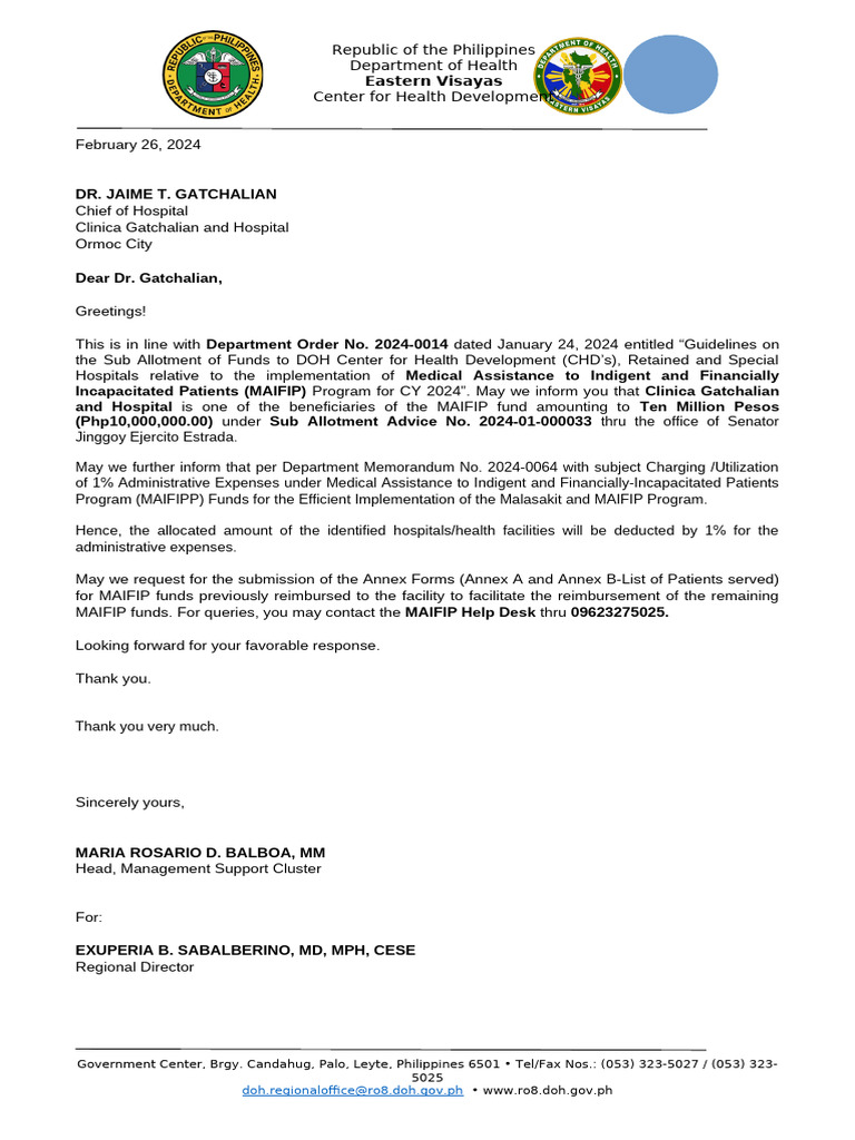 MAIFIP Sample Letter For Hospitals | PDF