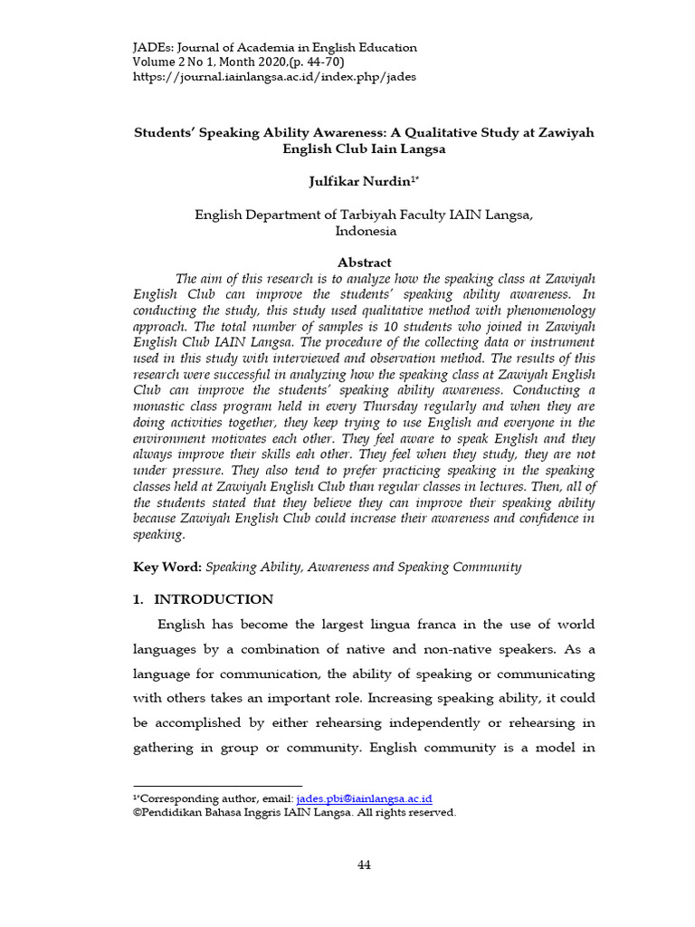 (SPEAKING) Students Speaking Ability | PDF | Speech | Awareness