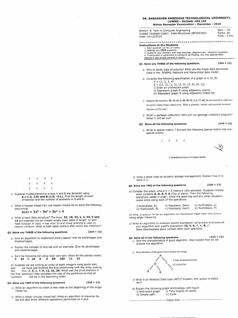 Btech Cs 3 Sem Data Structures Btcoc303 Dec 2019 | PDF