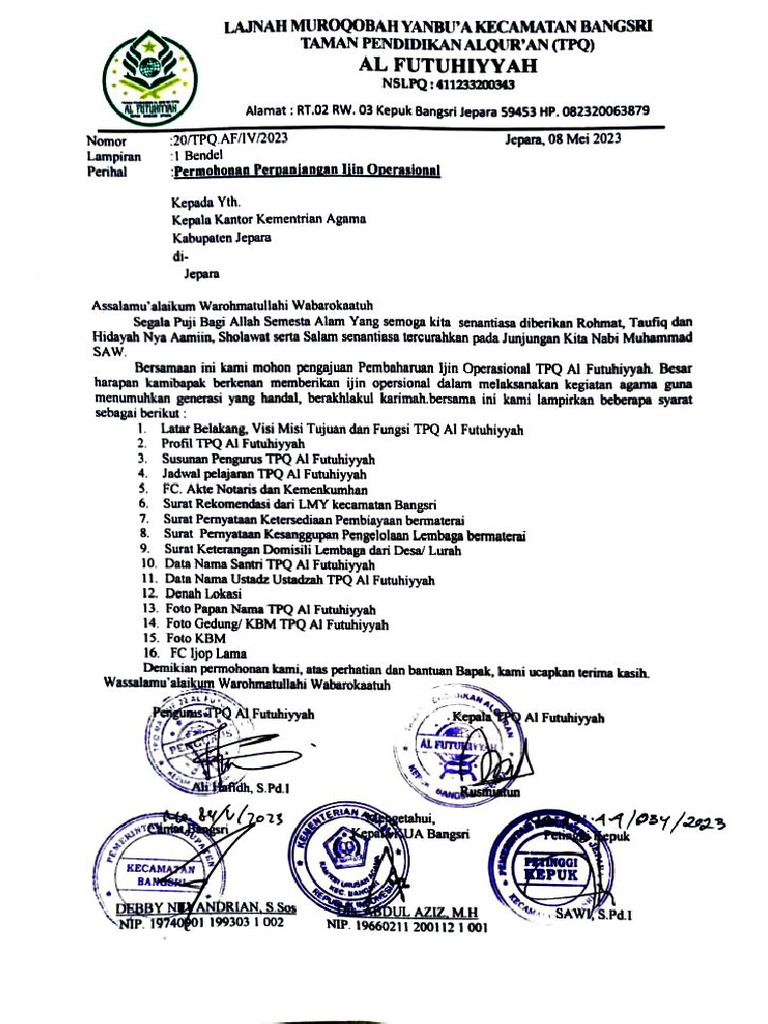 Contoh Permohonan Perpanjangan Tanda Daftar TPQ | PDF