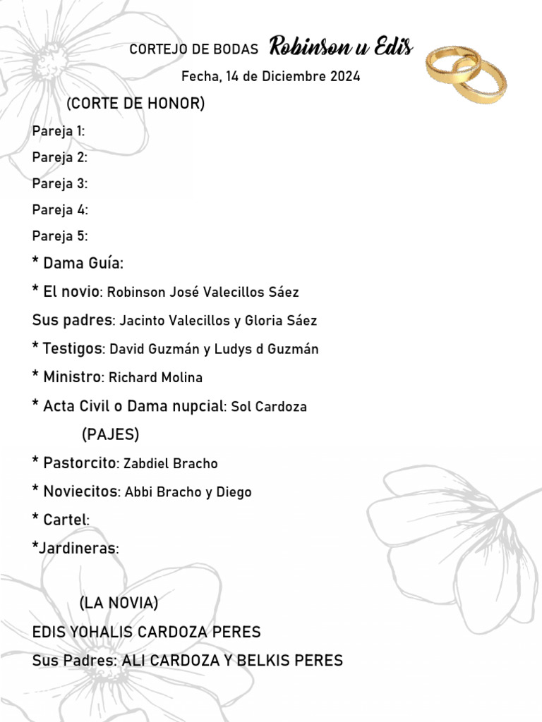 Cortejo de Bodas Robinson y Edis | PDF