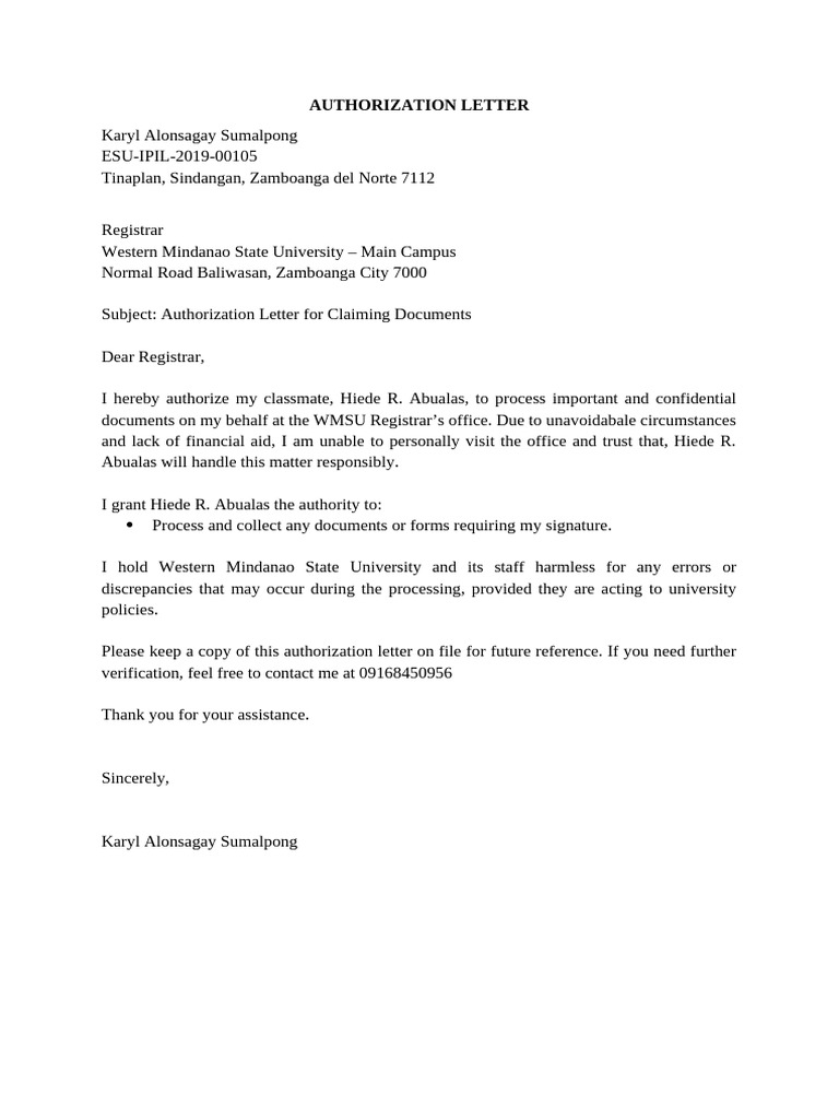 Authorization Letter for Document Claim | PDF