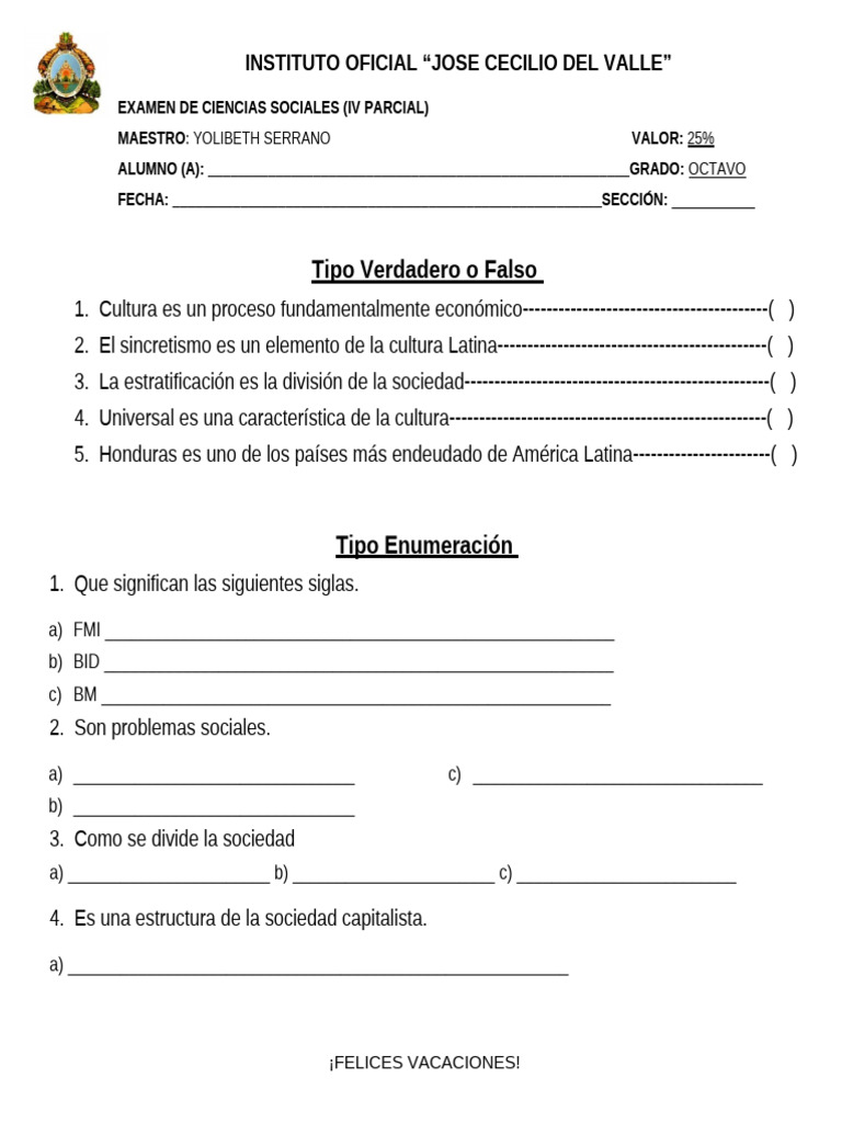 Examen de Ciencias Sociales - Octavo Grado | PDF