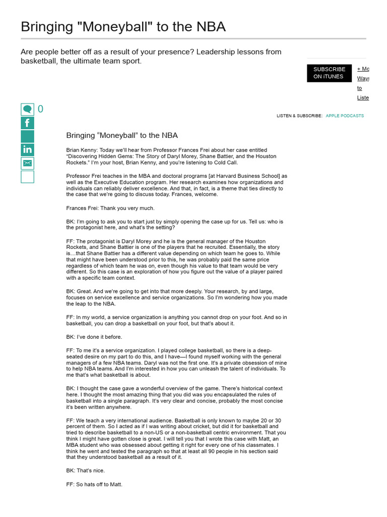 Leadership - Bringing - Moneyball - To The NBA | PDF