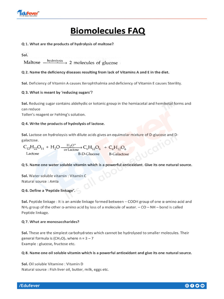 Chemistry Chapter 14 - Biomolecules Imp Question | PDF