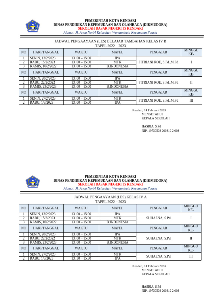 Jadwal Pengayaan, Les 2023 | PDF