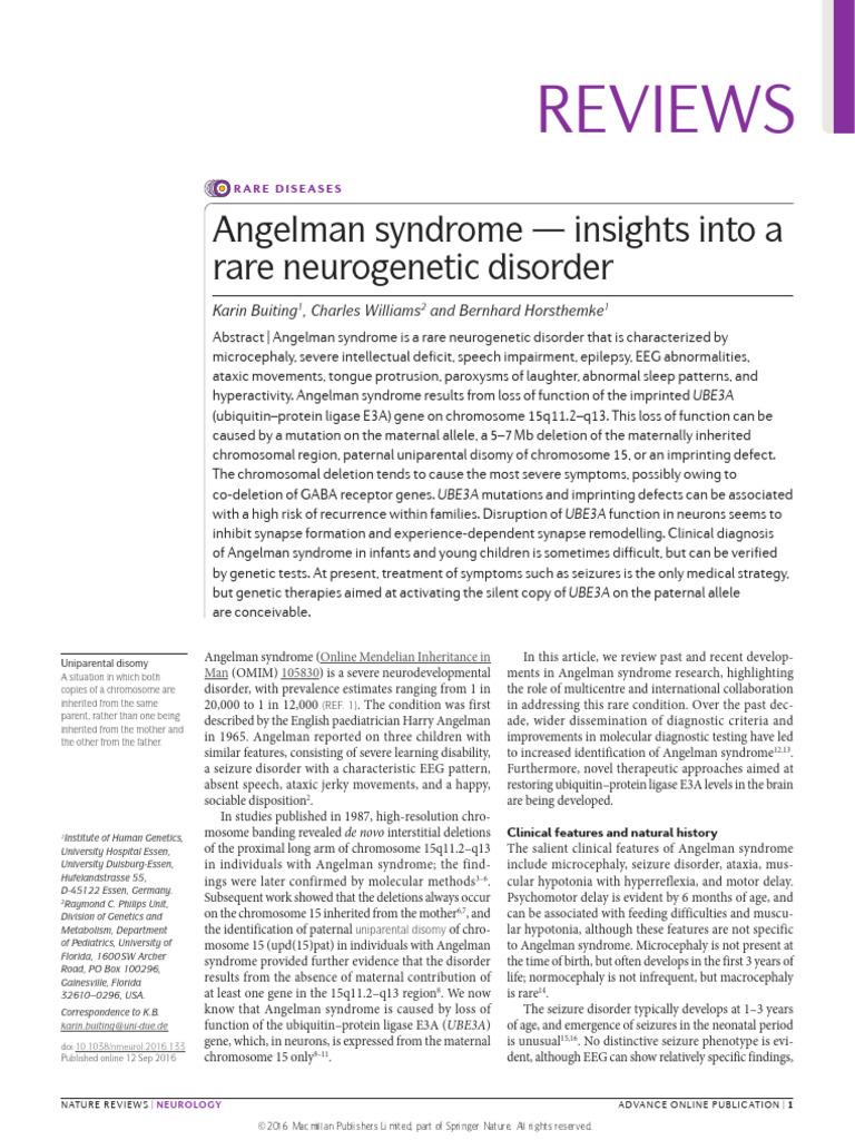 Nature Reviews: Angelman syndrome, insights into a rare neurogenetic ...
