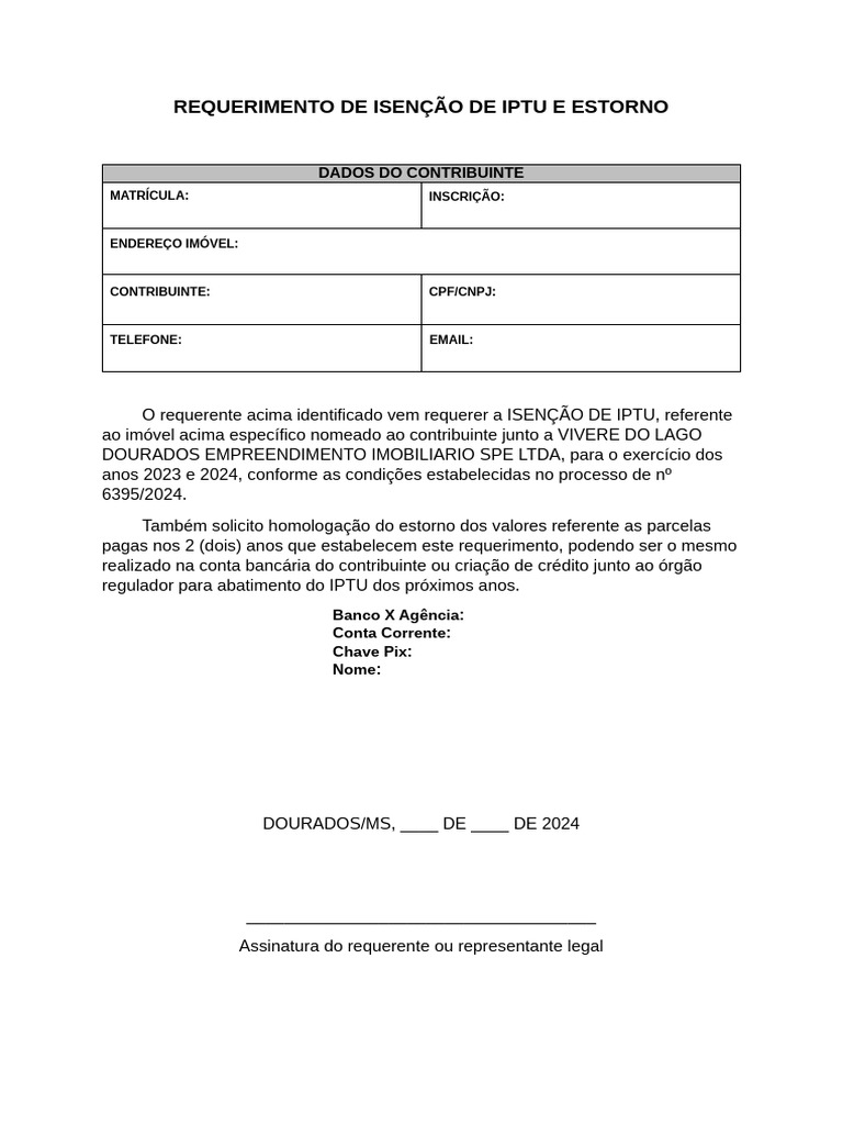 Modelo Requerimento Isencao de Iptu | PDF