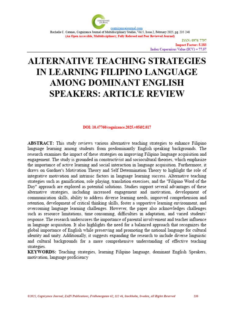 Alternative Teaching Strategies in Learning Filipino Language Among ...