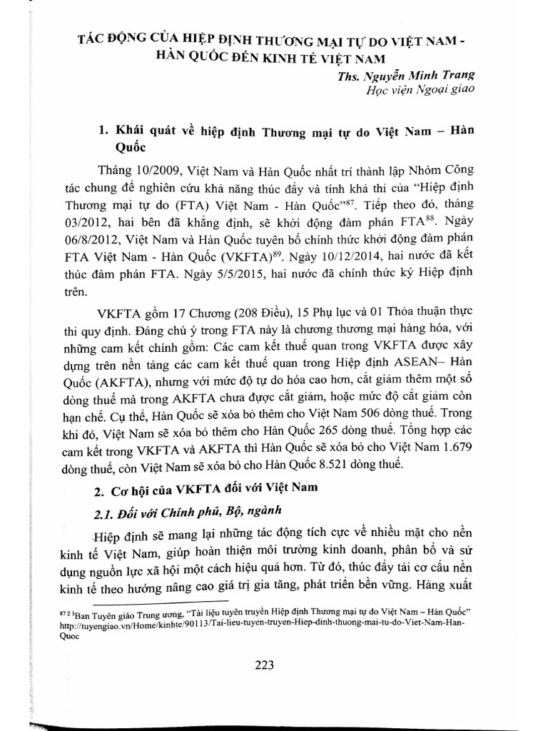 Tac Dong Cua Hiep Dinh Thuong Mai Tu Do Viet Nam - Han Quoc Den Nen Kinh Te Viet Nam | PDF
