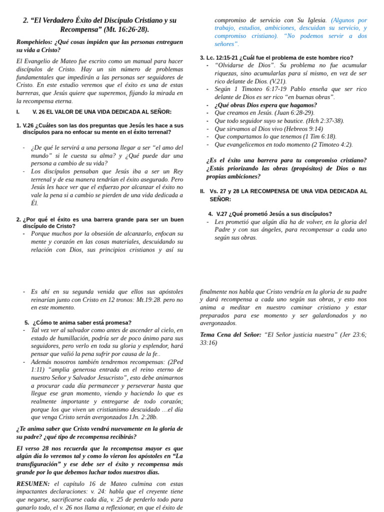 El Verdadero Éxito Del Discípulo Cristiano y Su Recompensa (Mt. 16,26 ...